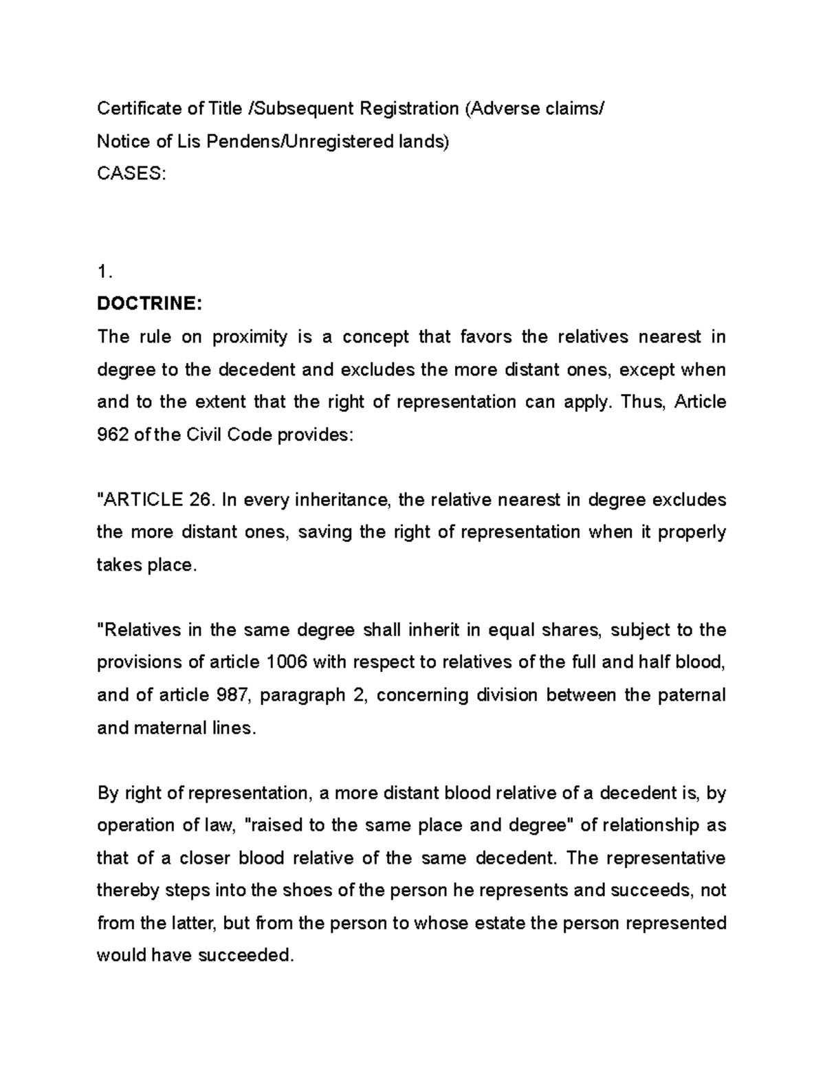 CASE Digest 13 - Complete - Certificate of Title /Subsequent Registration (Adverse claims ...