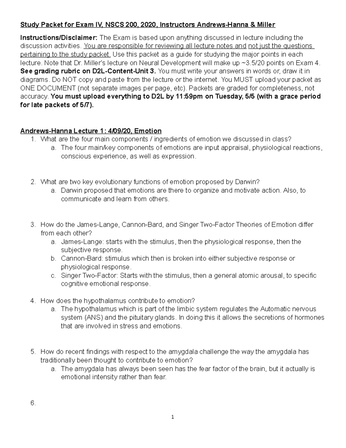 Study Packet for Exam IV NSCS200 2020 - Study Packet for Exam IV, NSCS ...