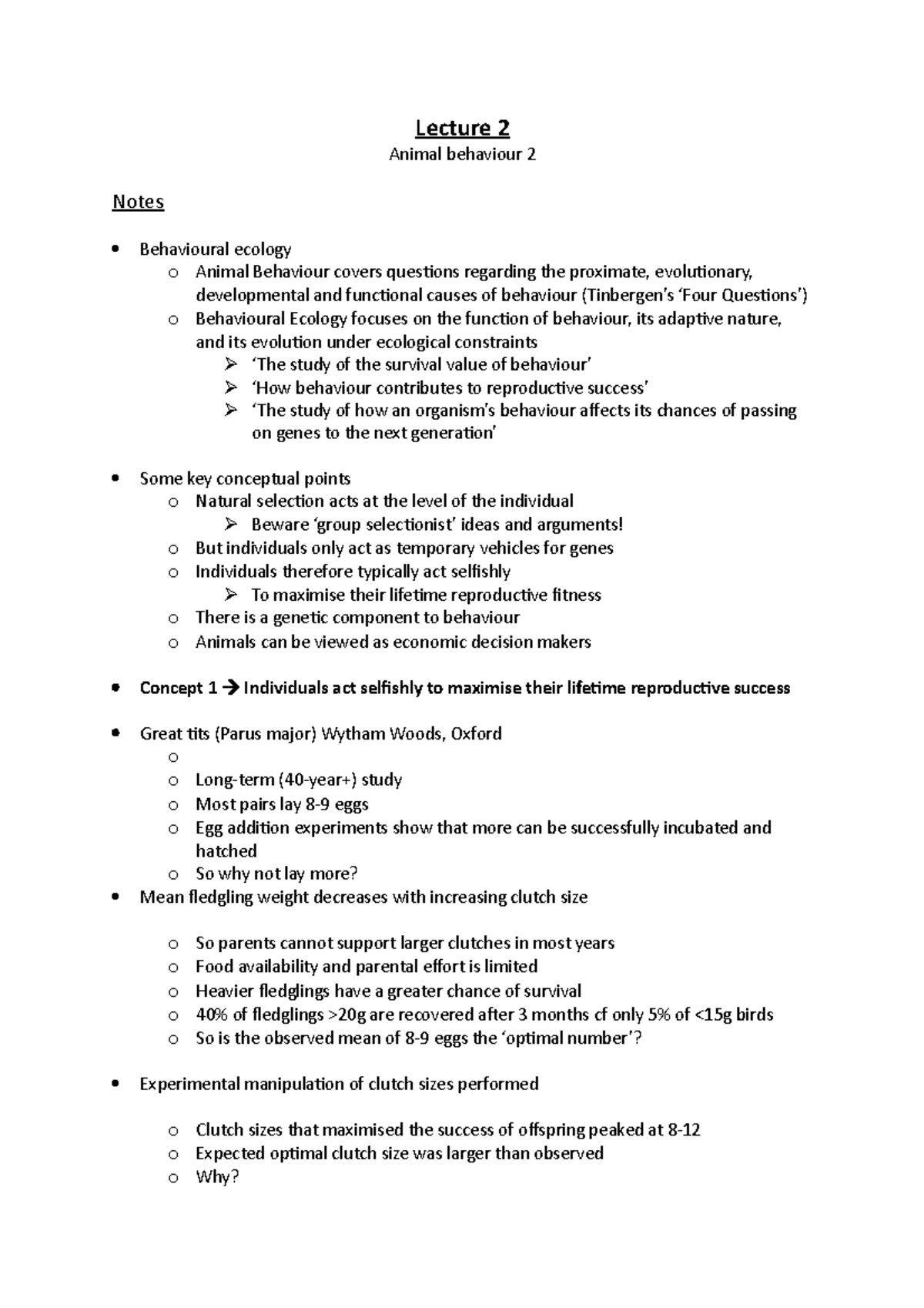 Animals Notes 1 - Lecture 2 Animal behaviour 2 Notes Behavioural ...