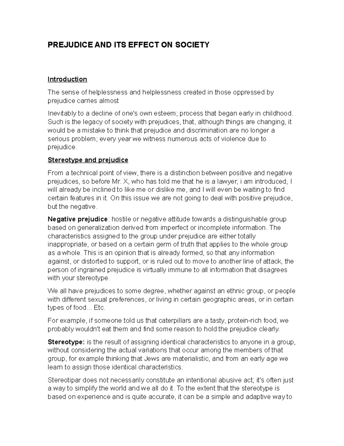 Prejudice AND ITS Effect ON Society - PREJUDICE AND ITS EFFECT ON ...