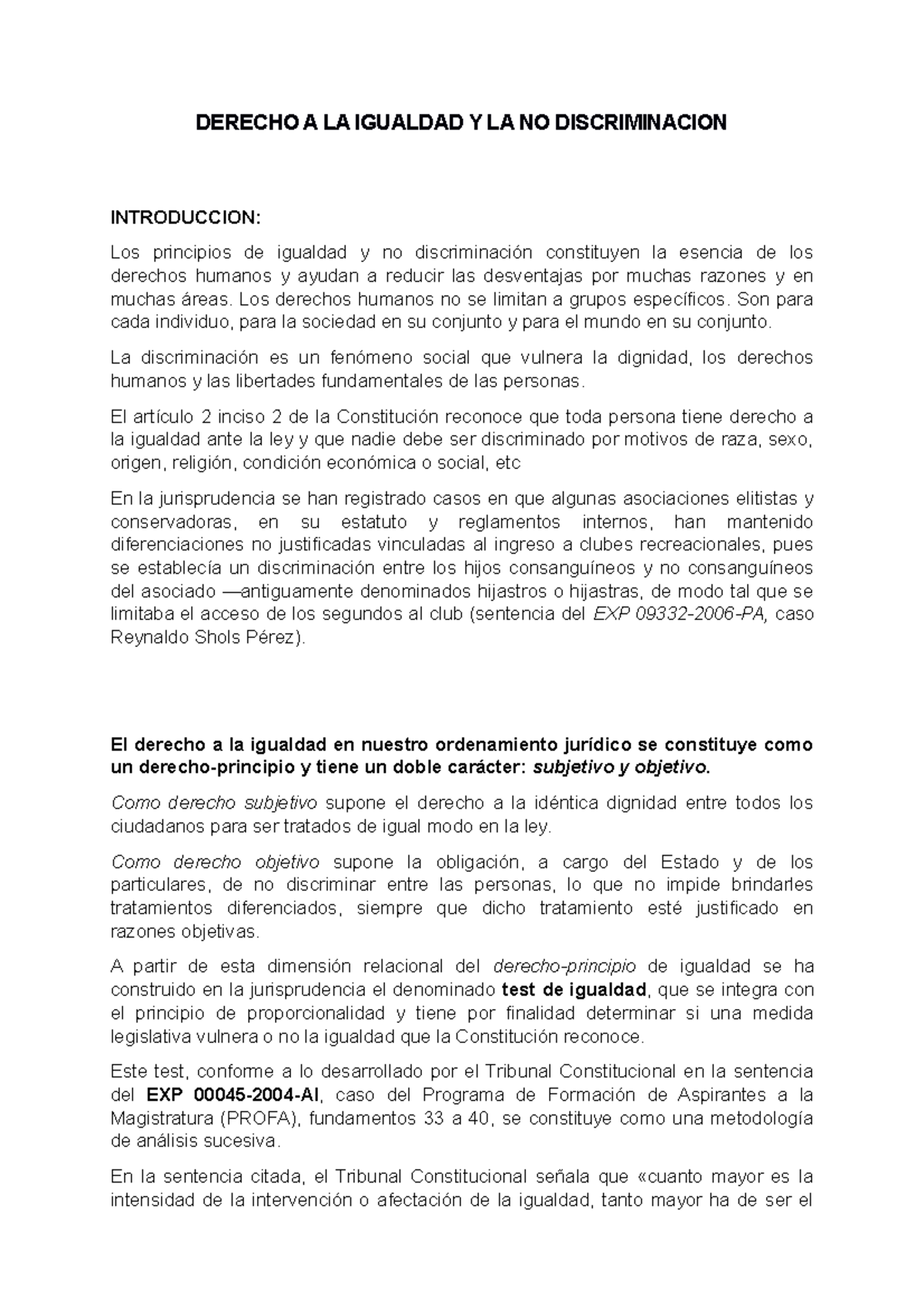 Ensayo - DERECHO A LA IGUALDAD Y LA NO DISCRIMINACION - DERECHO A LA IGUALDAD Y LA NO ...