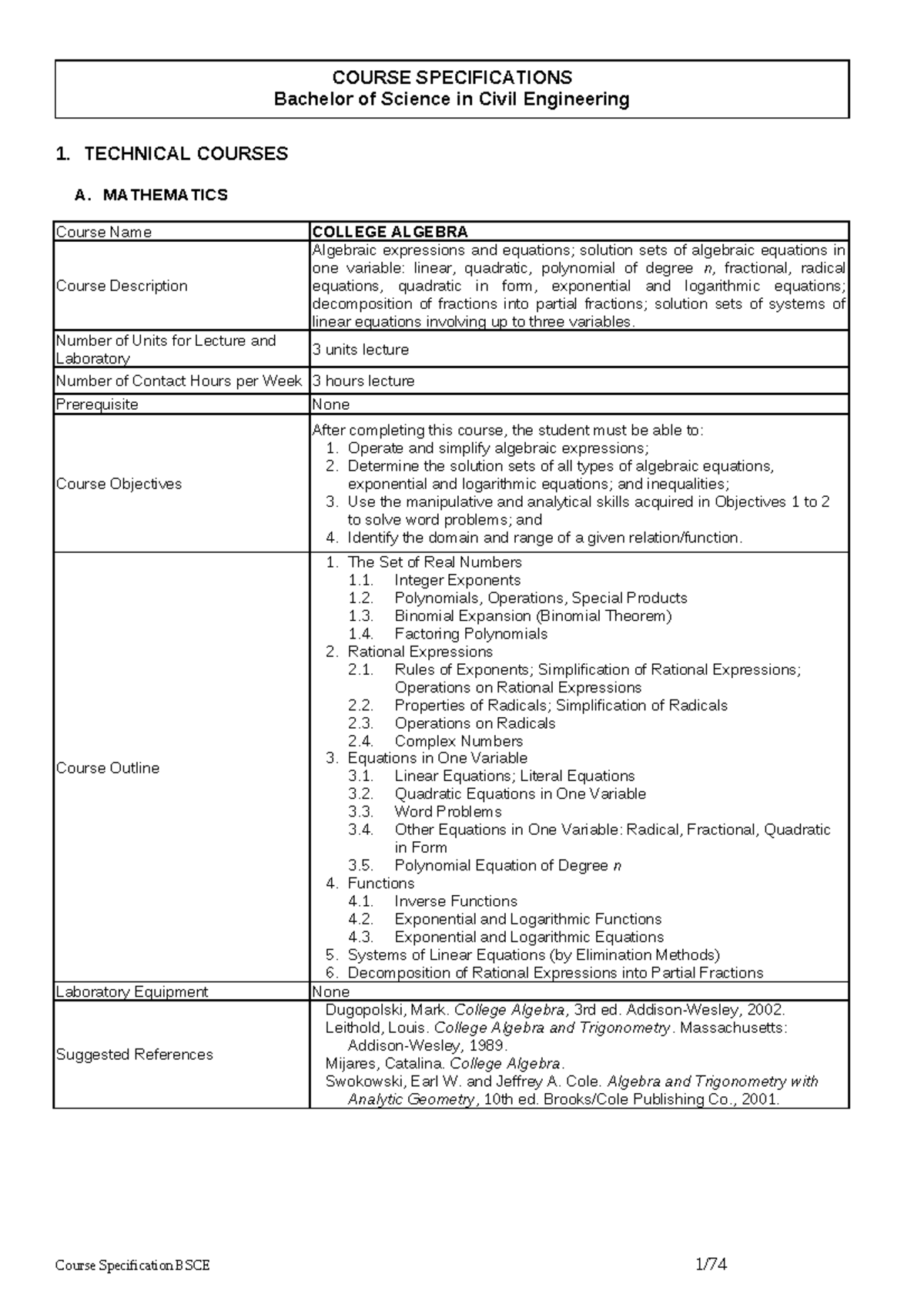 BSCE-Course Specs - 1. TECHNICAL COURSES A. MATHEMATICS Course Name ...
