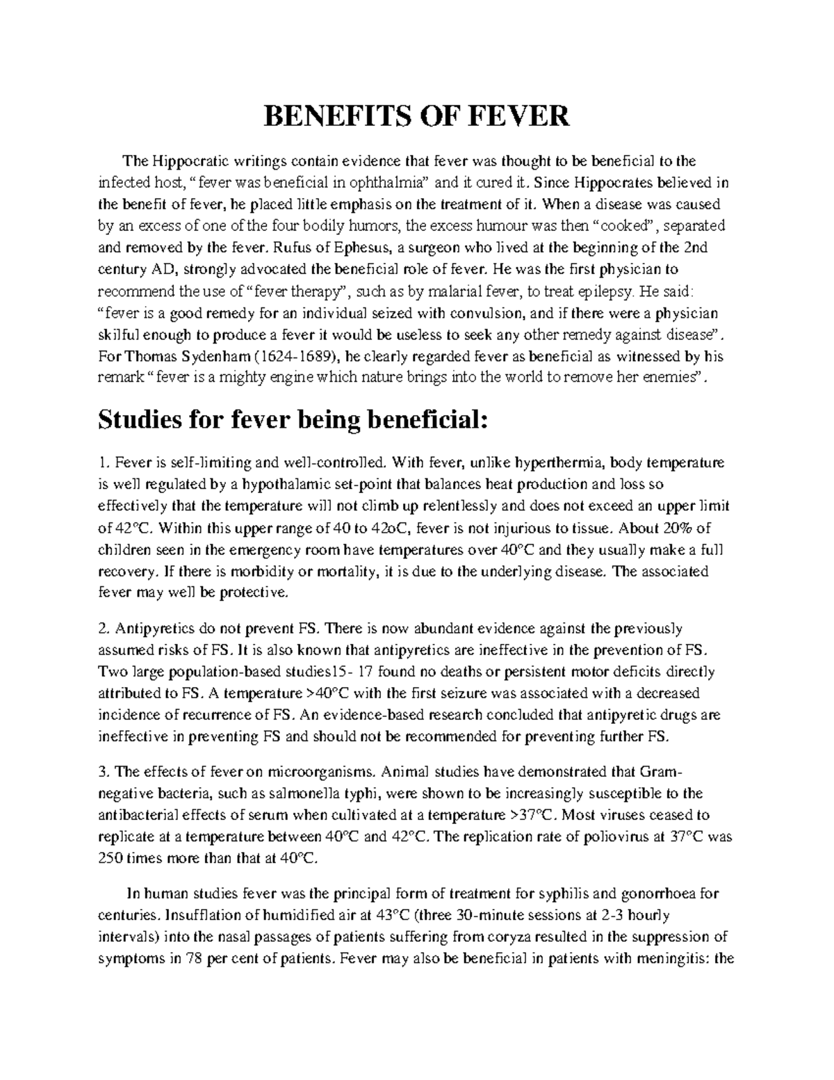 Benefits of fever - BENEFITS OF FEVER The Hippocratic writings contain ...