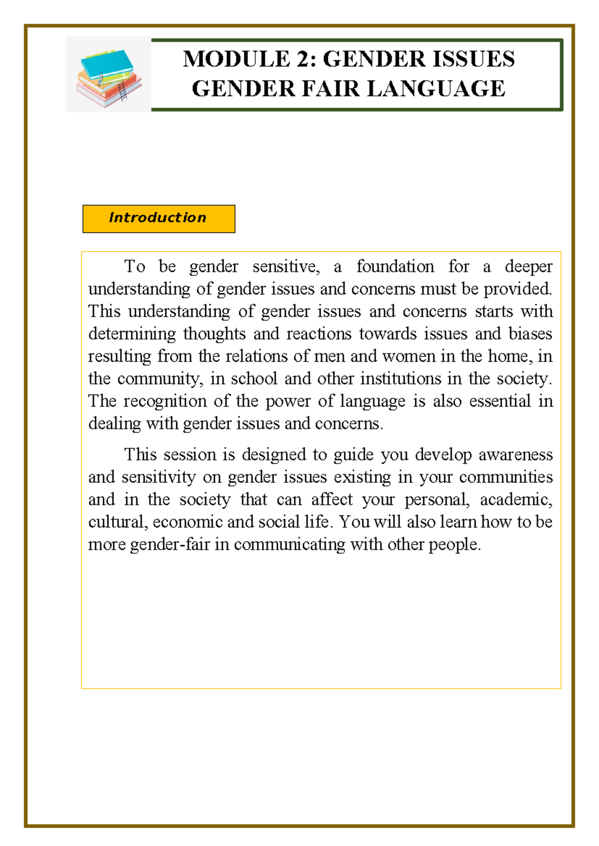 GS- Module-2 - N/A - MODULE 2: GENDER ISSUES GENDER FAIR LANGUAGE To be ...