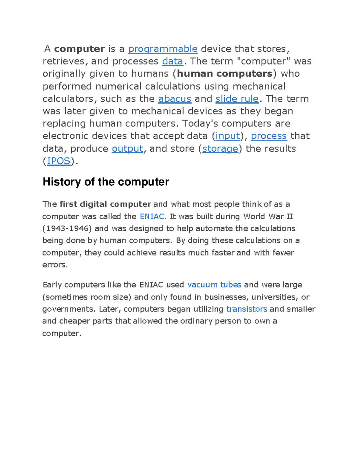 About computer - to practice on database - A computer is a programmable device that stores ...