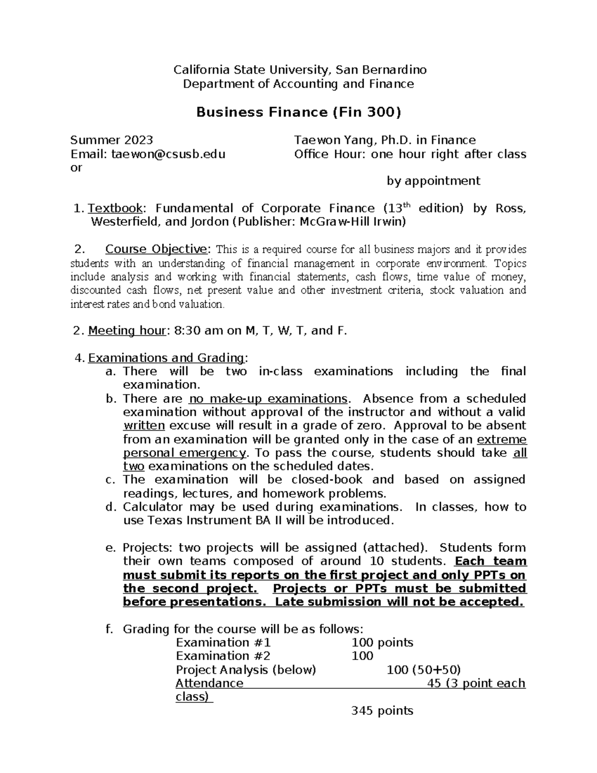 Fin 300 syllubus 2024 - corporate finance - California State University ...
