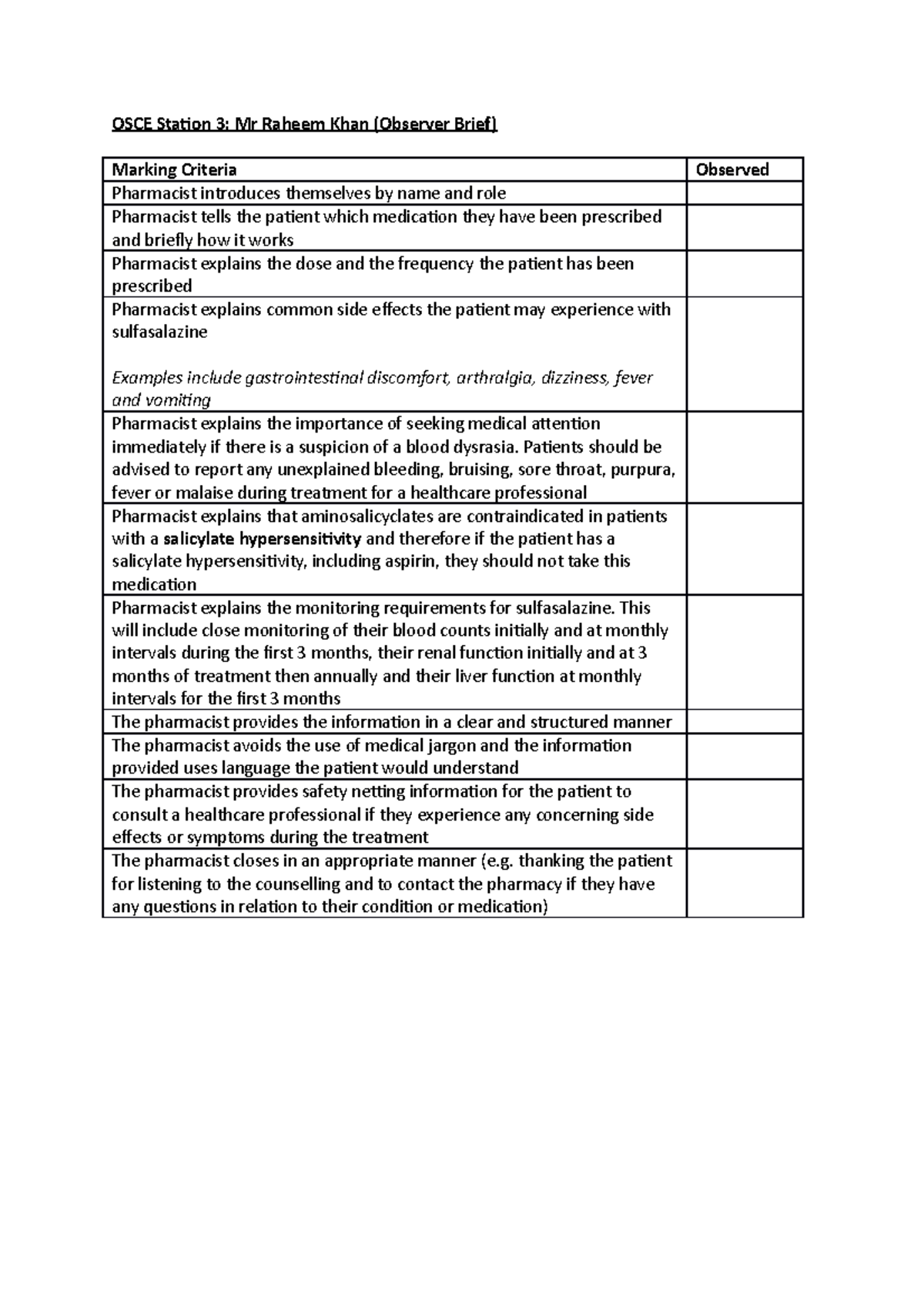 Observer checklist - Raheem Khan - OSCE Station 3: Mr Raheem Khan ...