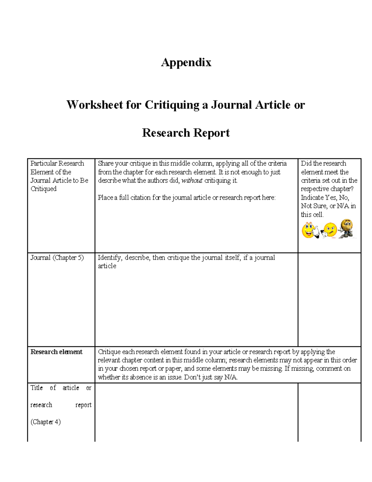 Worksheet for critiquing article or report 3 - Appendix Worksheet for ...