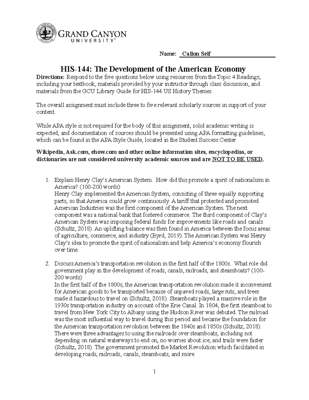 HIS-144 Development of the American Economy Worksheet - Name: Callon ...