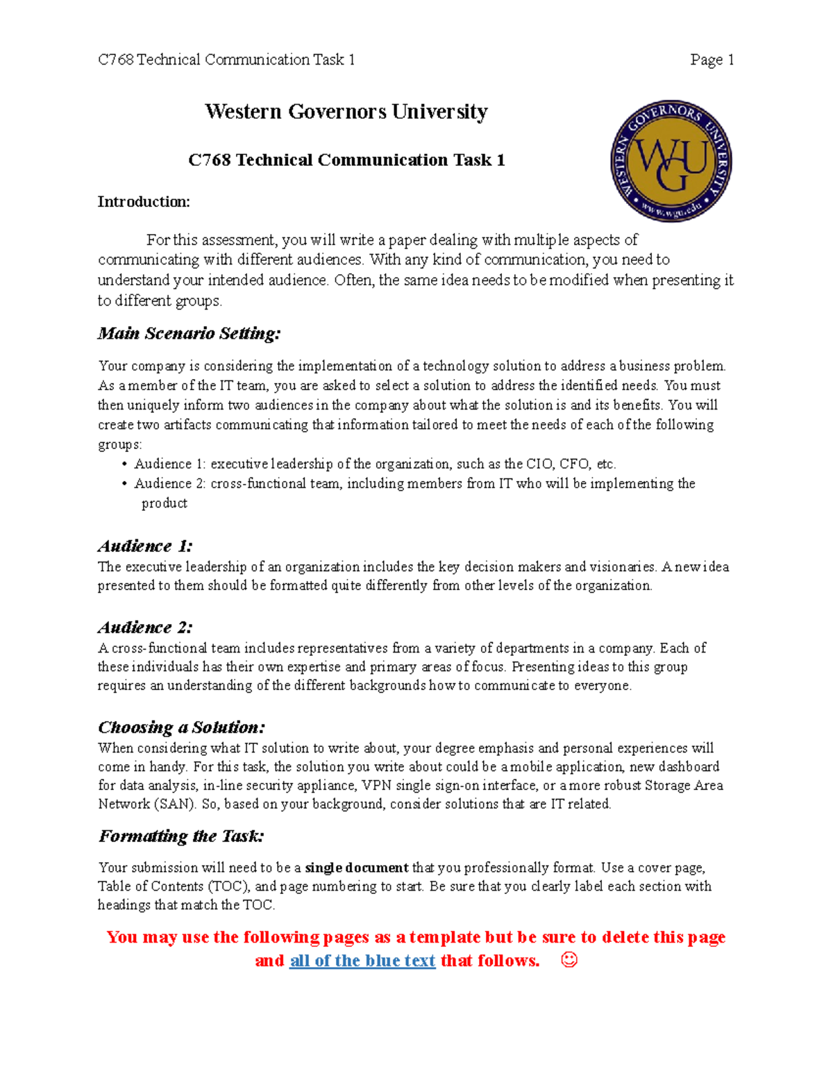 C768 Task 1 planning materials - Western Governors University C768 ...