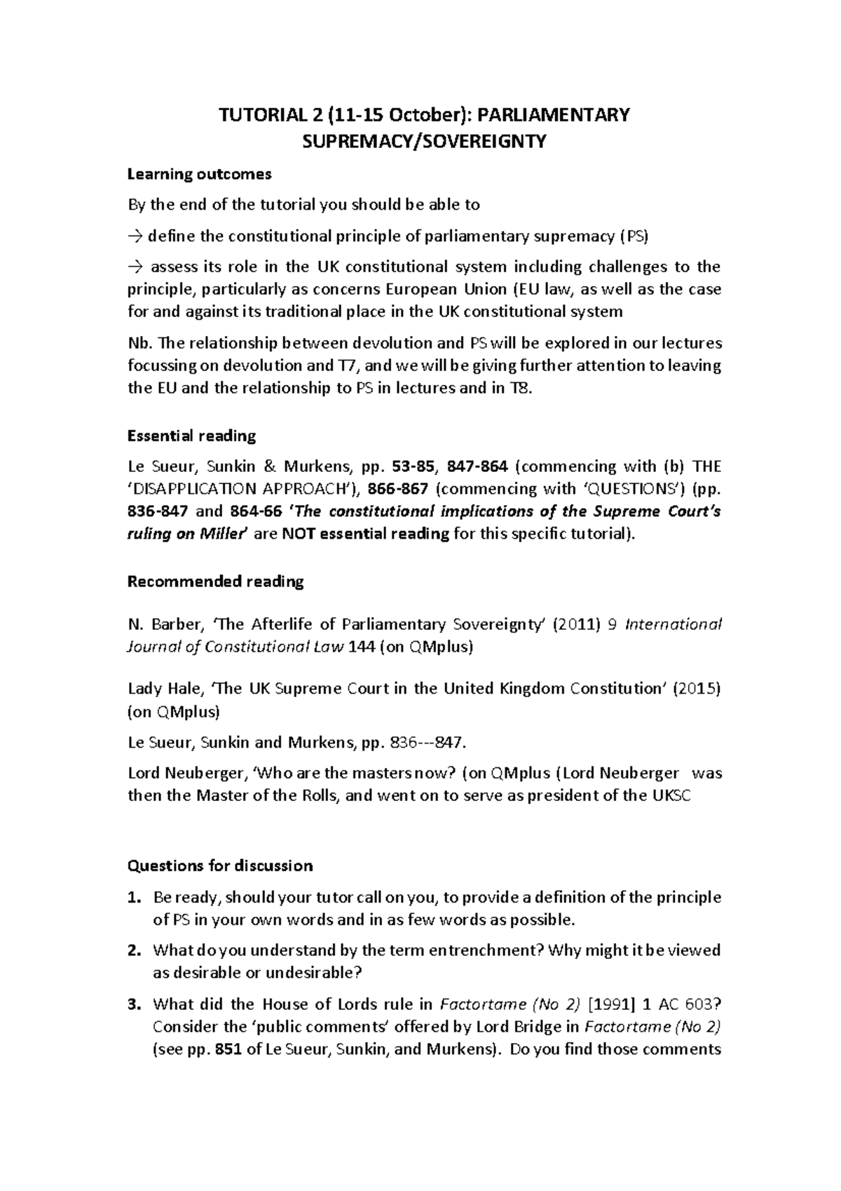 TUTORIAL 2 PARLIAMENTARY SOVEREIGNTY - LAW4001 - QMUL - Studocu