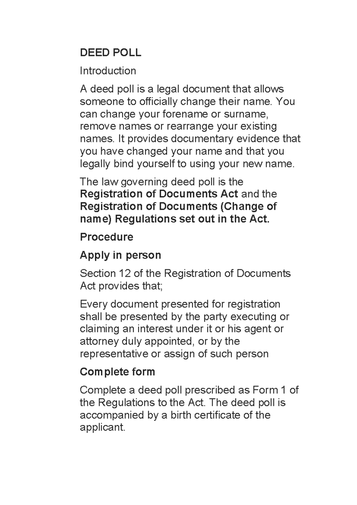 DEED POLL - DEED POLL Introduction A deed poll is a legal document that ...
