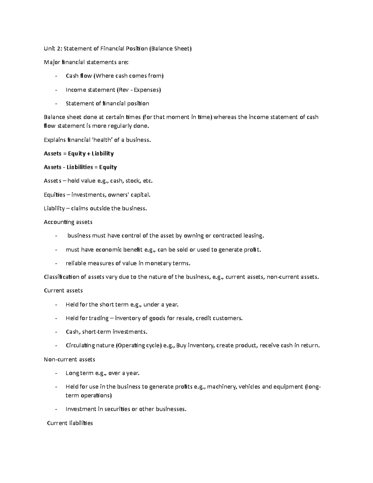 Accounting aspects of business U2 - Unit 2: Statement of Financial ...