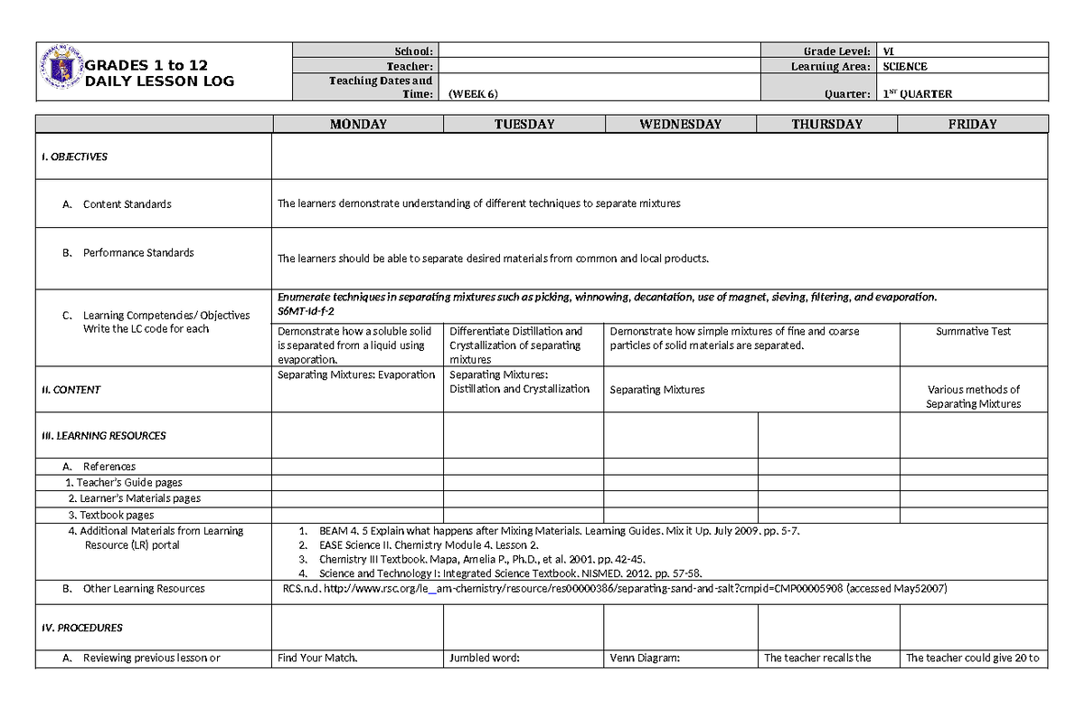 Sceince DLL - A daily lesson log for teachers - GRADES 1 to 12 DAILY ...