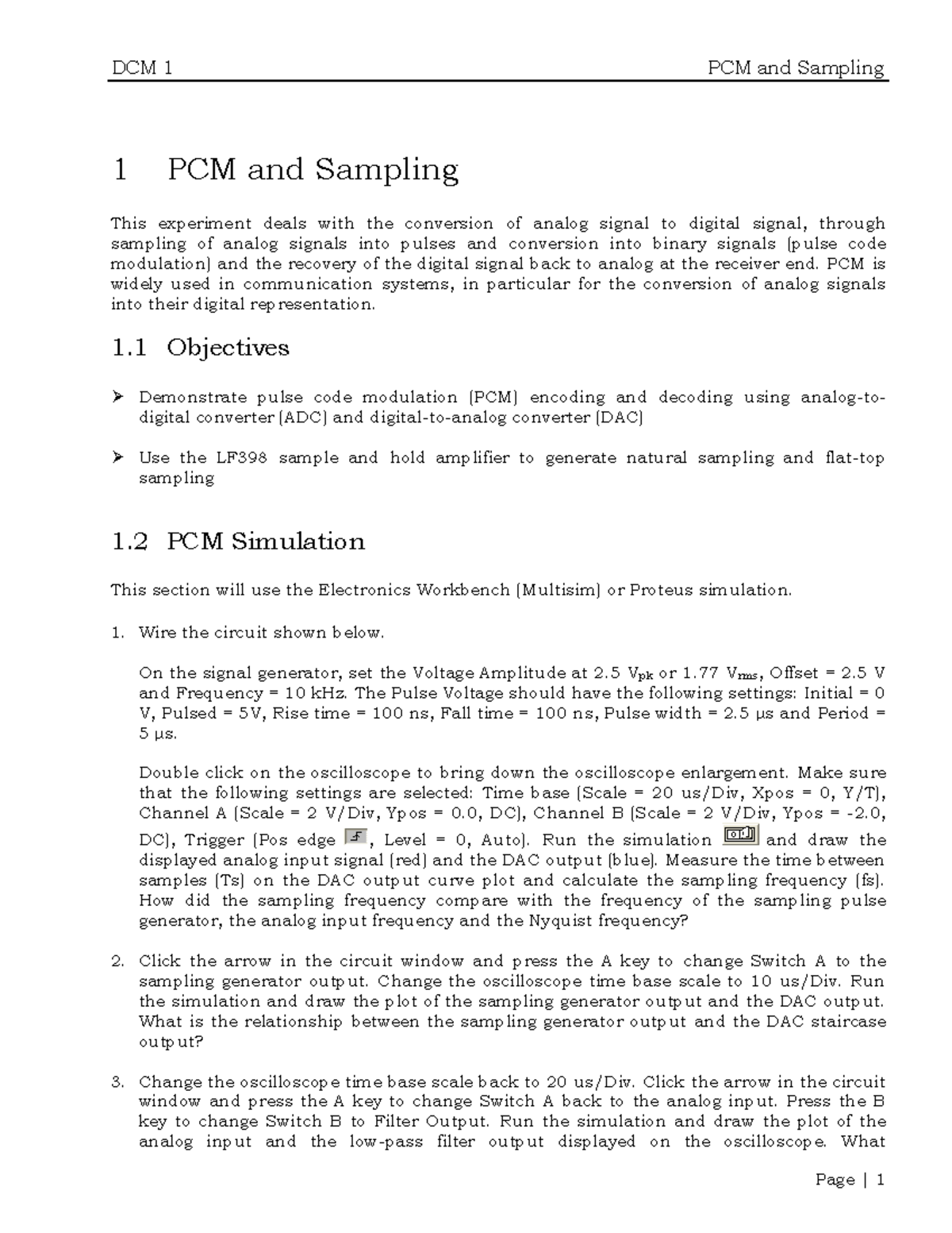 EE340 9 Lab DCM1 - Very good - DCM 1 PCM and Sampling Page | 1 1 PCM and Sampling This ...