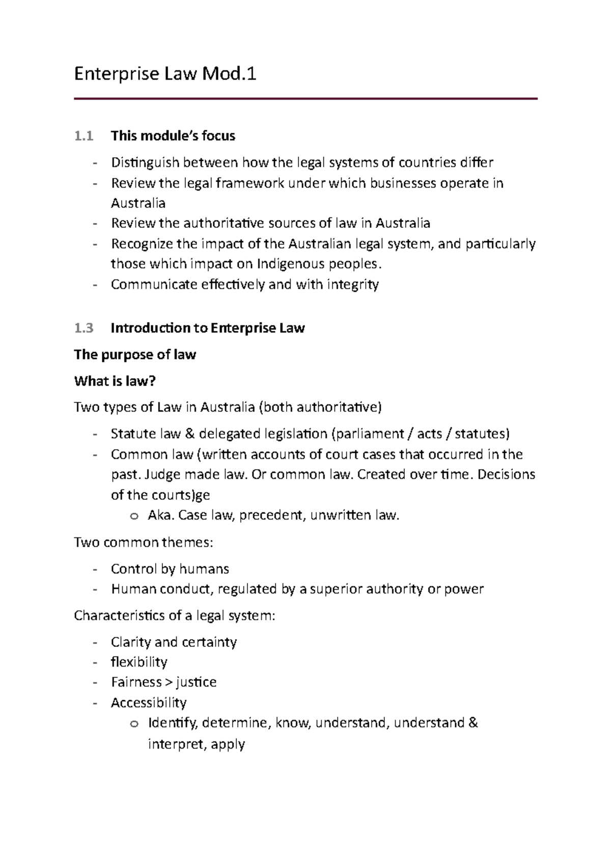 EL Module 1 - Enterprise Law Mod. 1 This module’s focus Distinguish ...