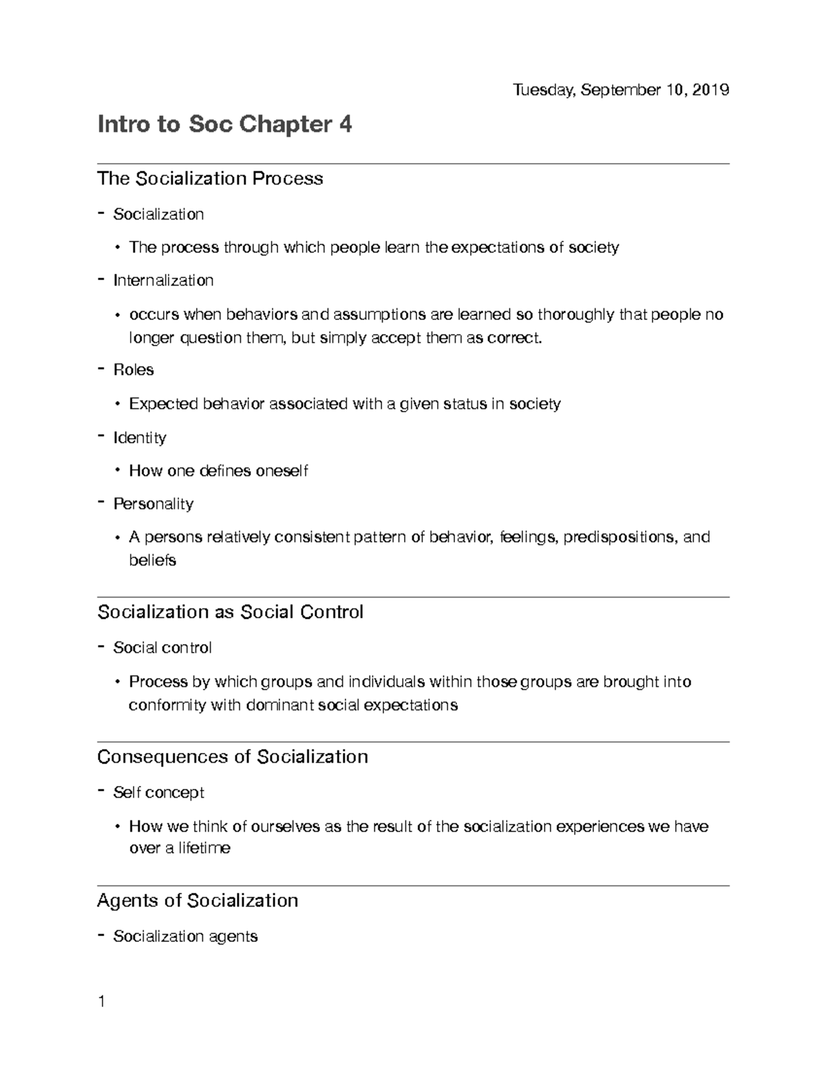 Chapter 4 Notes- Sociology - Intro to Soc Chapter 4 The Socialization ...