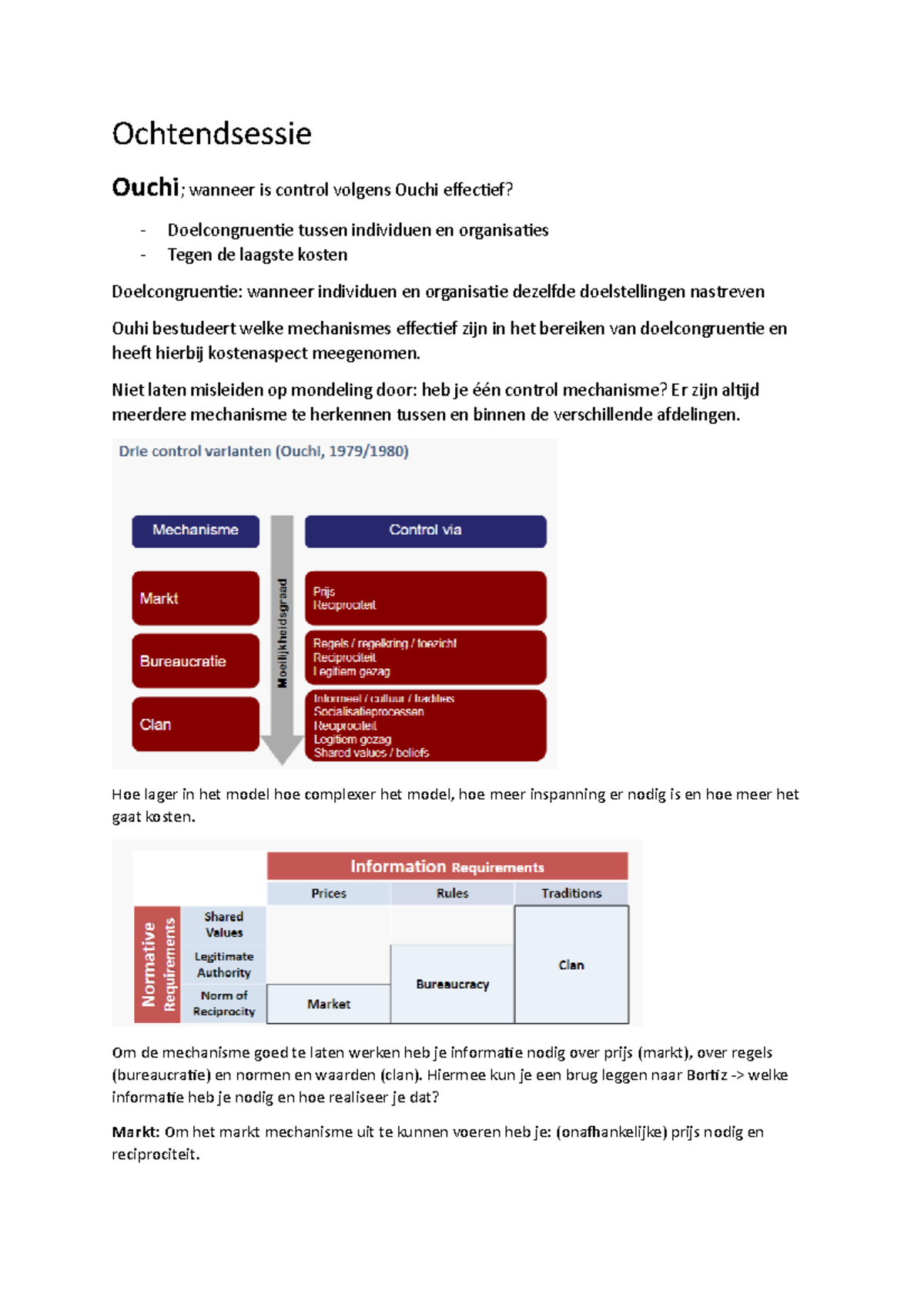 Aantekeningen College dag 3 - Ochtendsessie Ouchi; wanneer is control volgens Ouchi effectief ...
