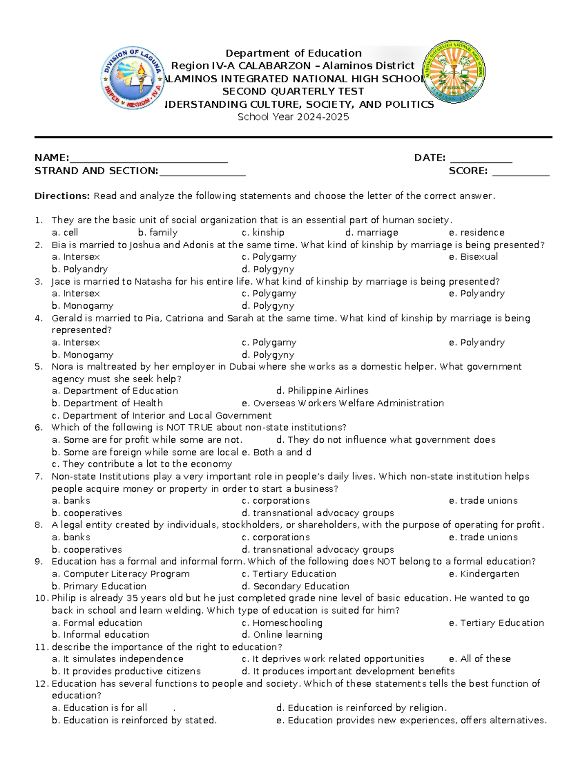 UCSP-2ND Q - 2nd quarter exam in UCSP - Department of Education Region ...