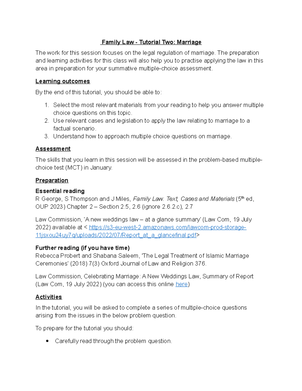 Tutorial 2 - Marriage - Family Law - Tutorial Two: Marriage The work ...