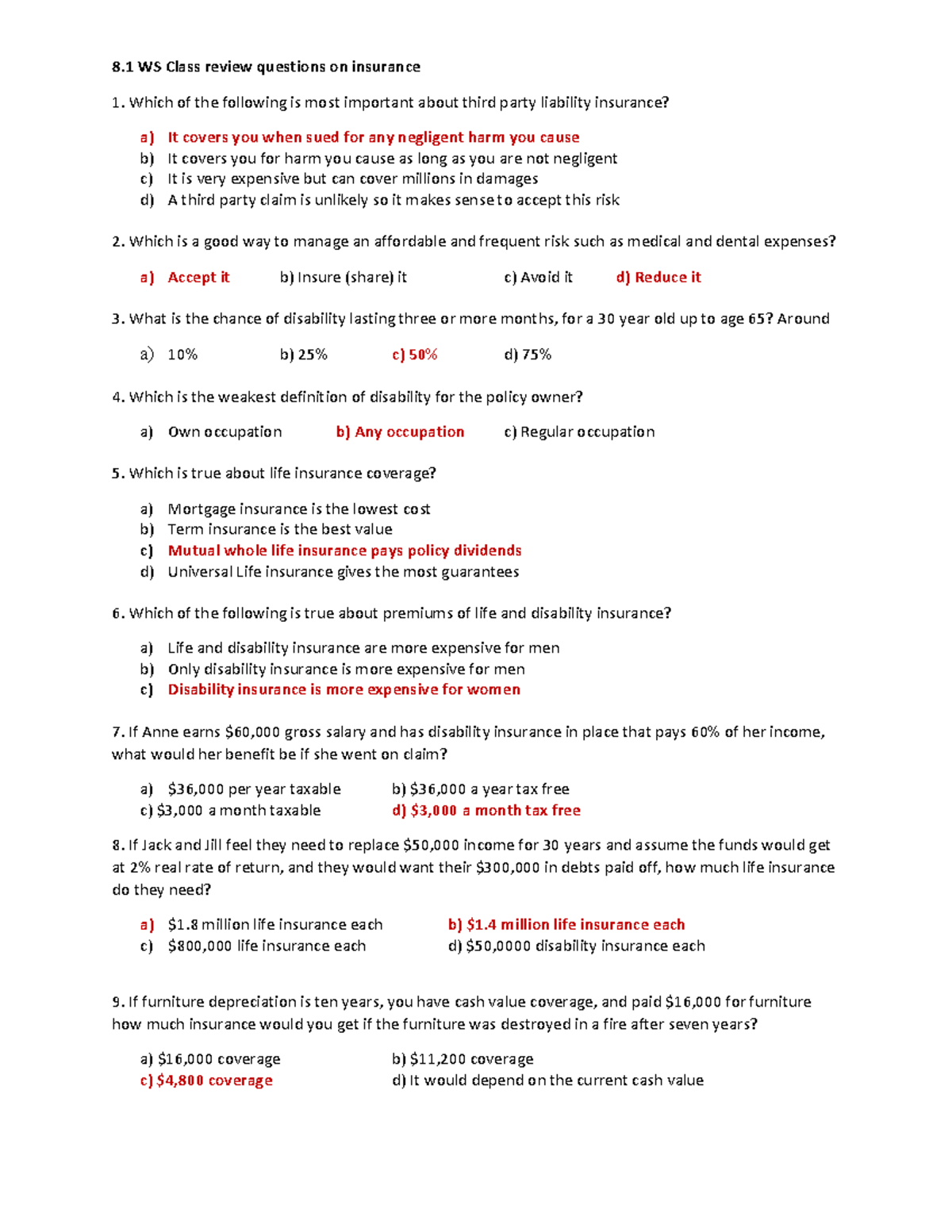 Insurance practice qs - 8 WS Class review questions on insurance Which ...