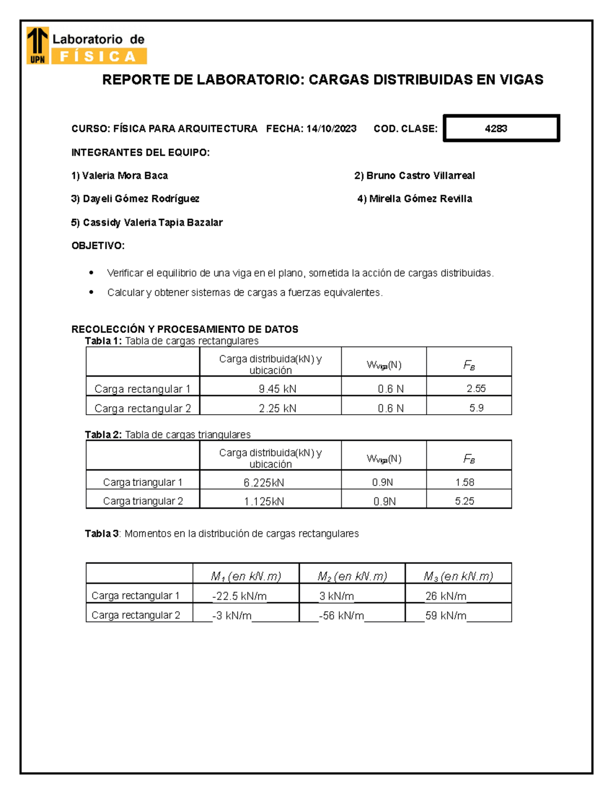 Reporte LAB Fisiarq S09 CDV - REPORTE DE LABORATORIO: CARGAS DISTRIBUIDAS EN VIGAS CURSO: FÍSICA ...