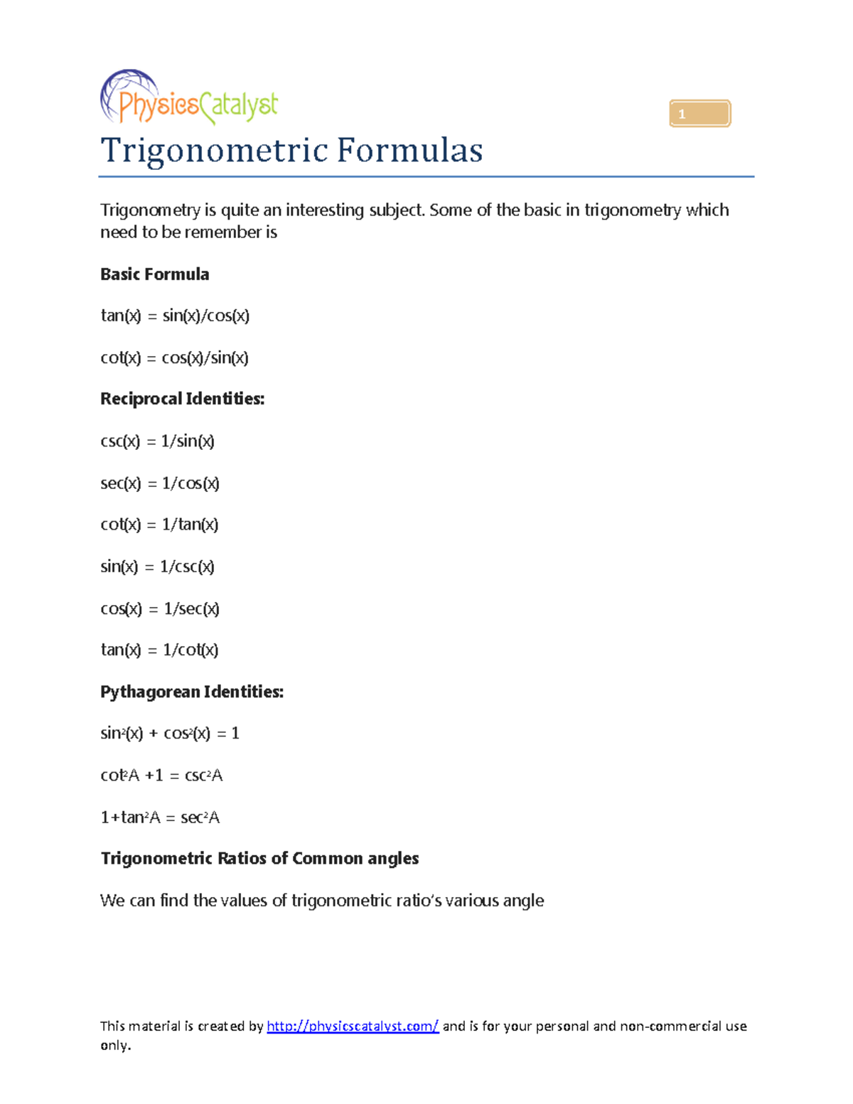 Trigonometry-Formulas - This material is created by physicscatalyst ...