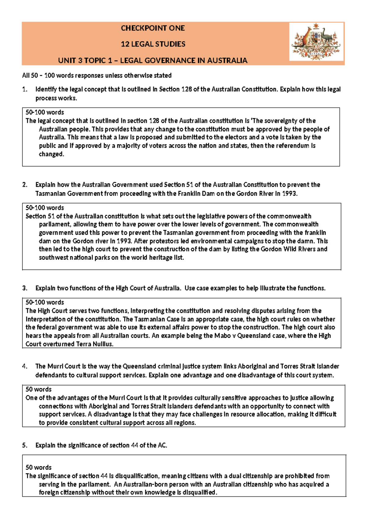 Checkpoint ONE - Unit 3 - 50-100 words - CHECKPOINT ONE 12 LEGAL ...