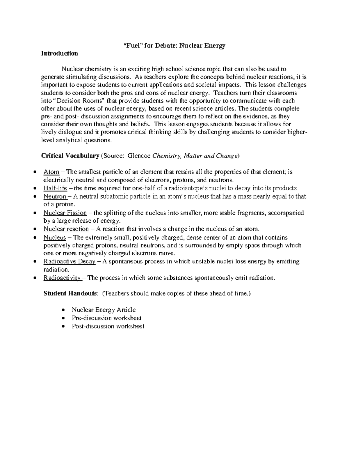 Nuclear Energy Article #1 - “Fuel” for Debate: Nuclear Energy ...