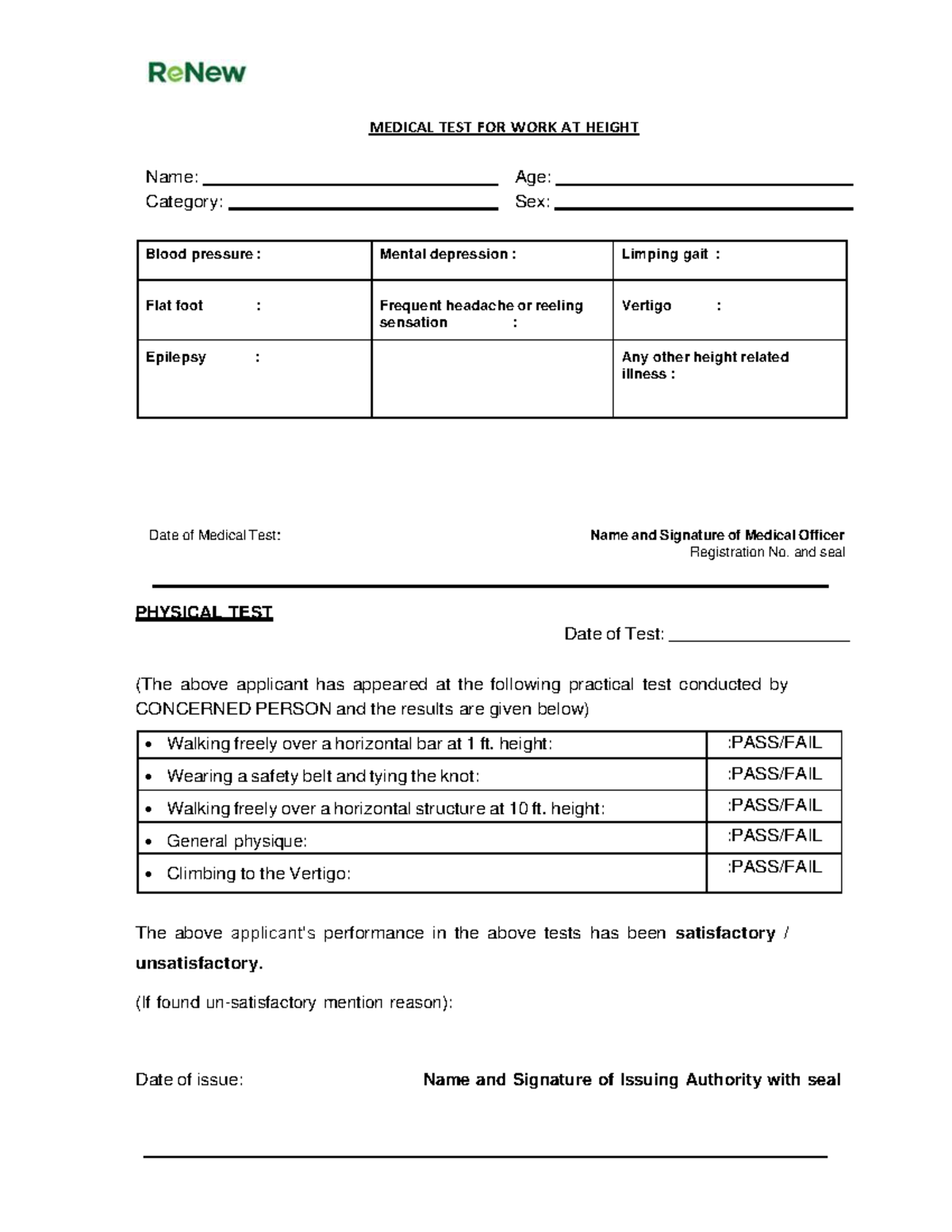 Height Pass Test - MEDICAL TEST FOR WORK AT HEIGHT Name: Age: Category ...