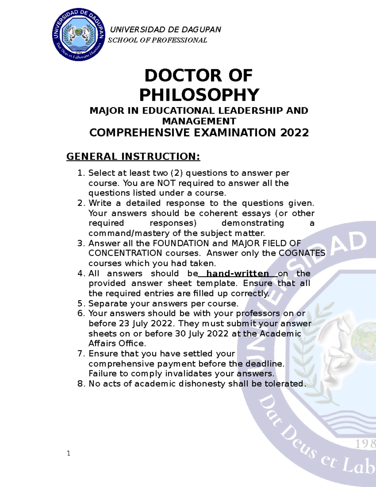 Compre EXAM 2022 Doctor Of Philosophy - UNIVERSIDAD DE DAGUPAN ...