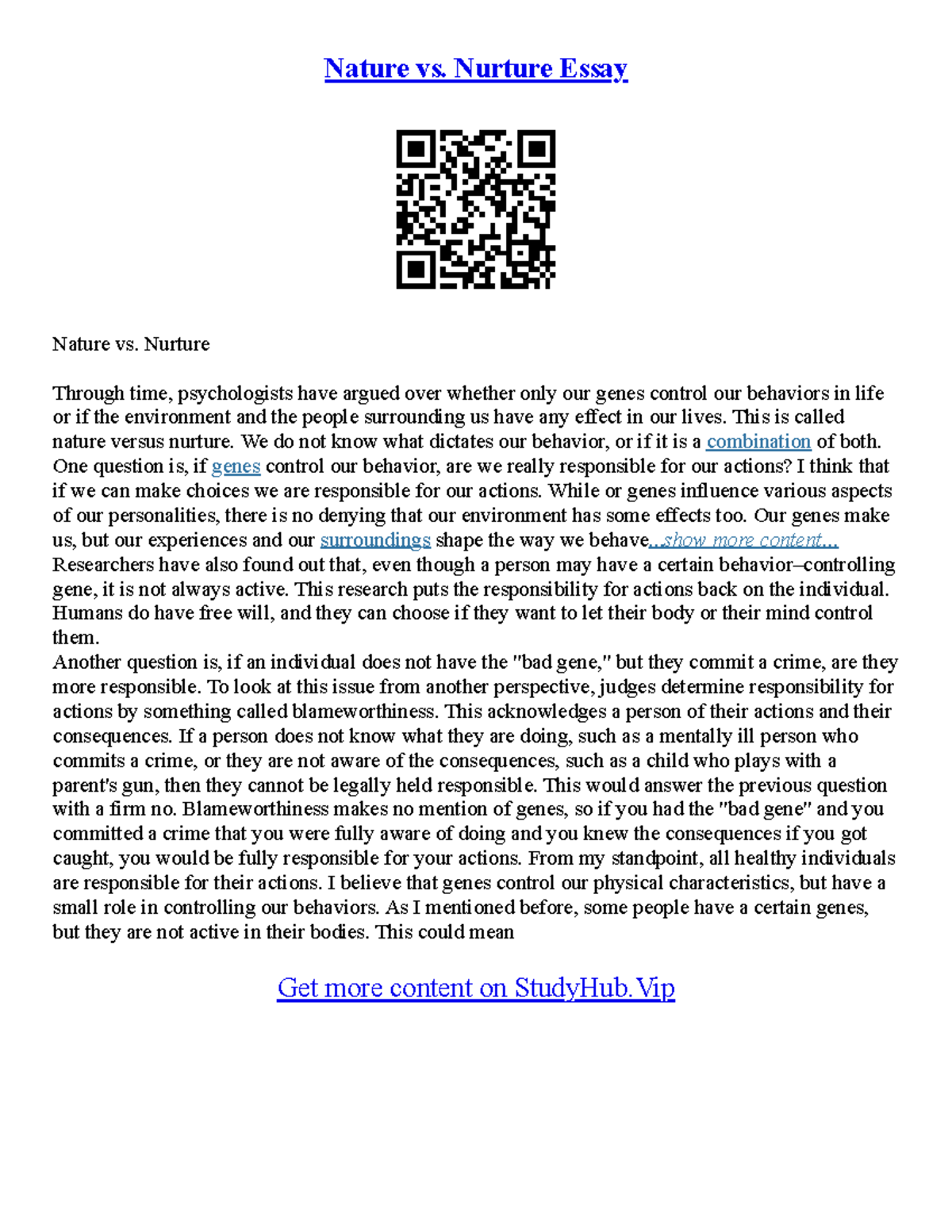 Nature Vs Nurture Essay - Nature vs. Nurture Essay Nature vs. Nurture ...