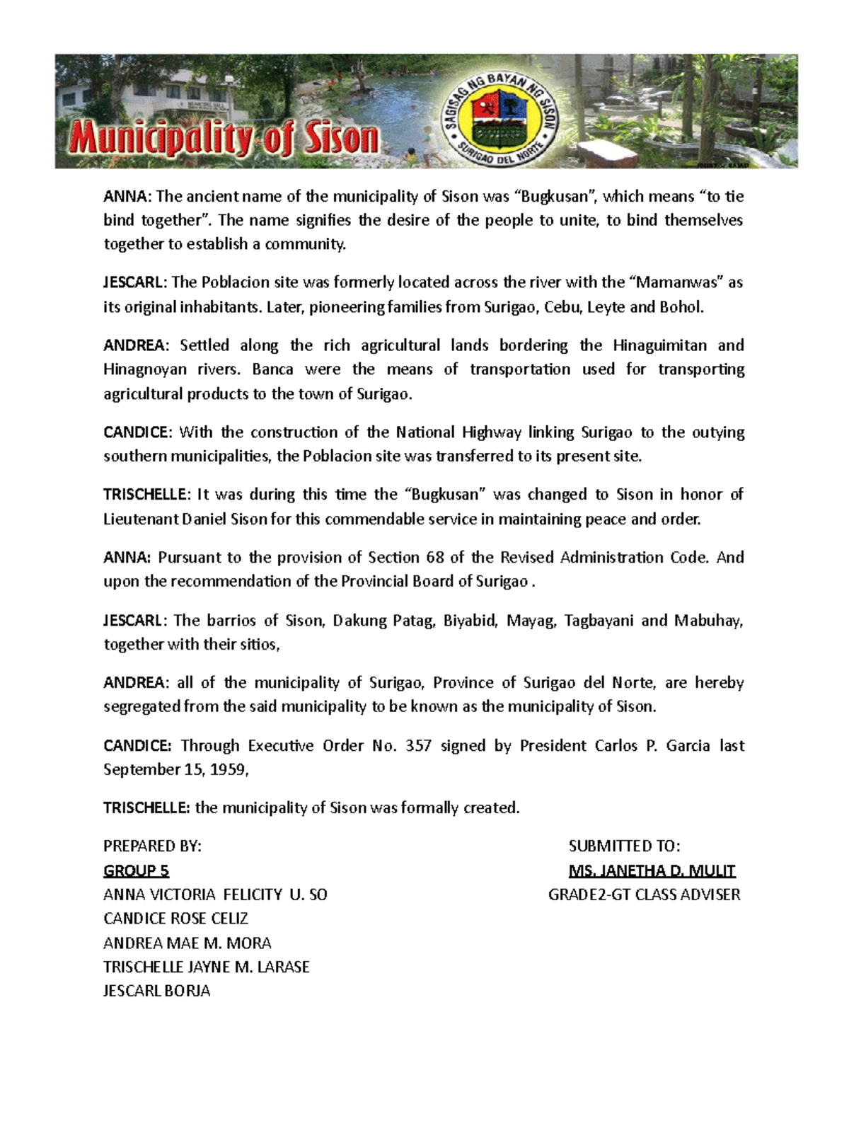 Group 5 Report GADE 2-GT - ANNA: The ancient name of the municipality ...