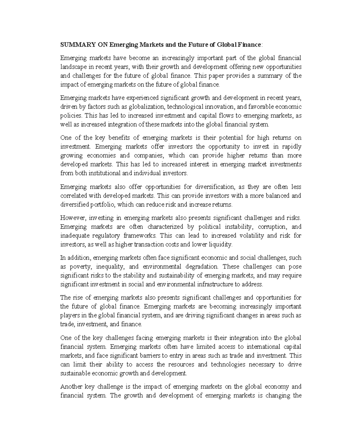 Summary on Emerging Markets and the Future of Global Finance - SUMMARY ...