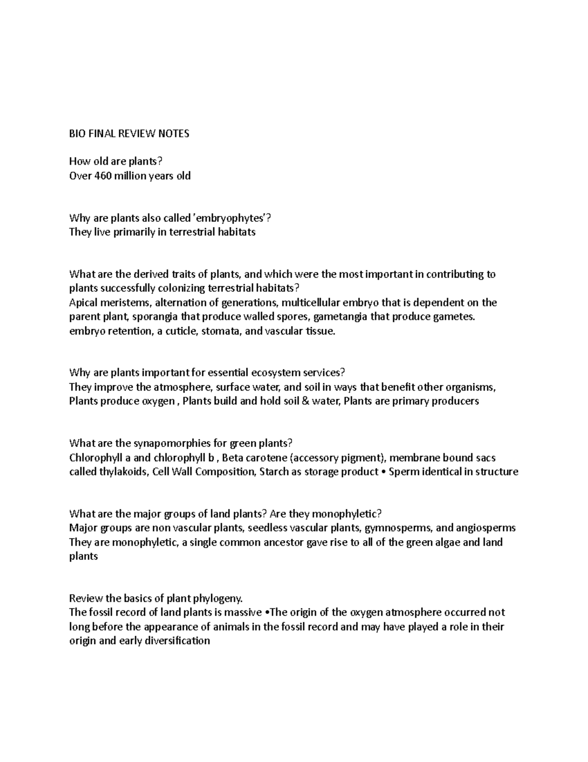 BIO Final Review Notes - BIO FINAL REVIEW NOTES How old are plants ...