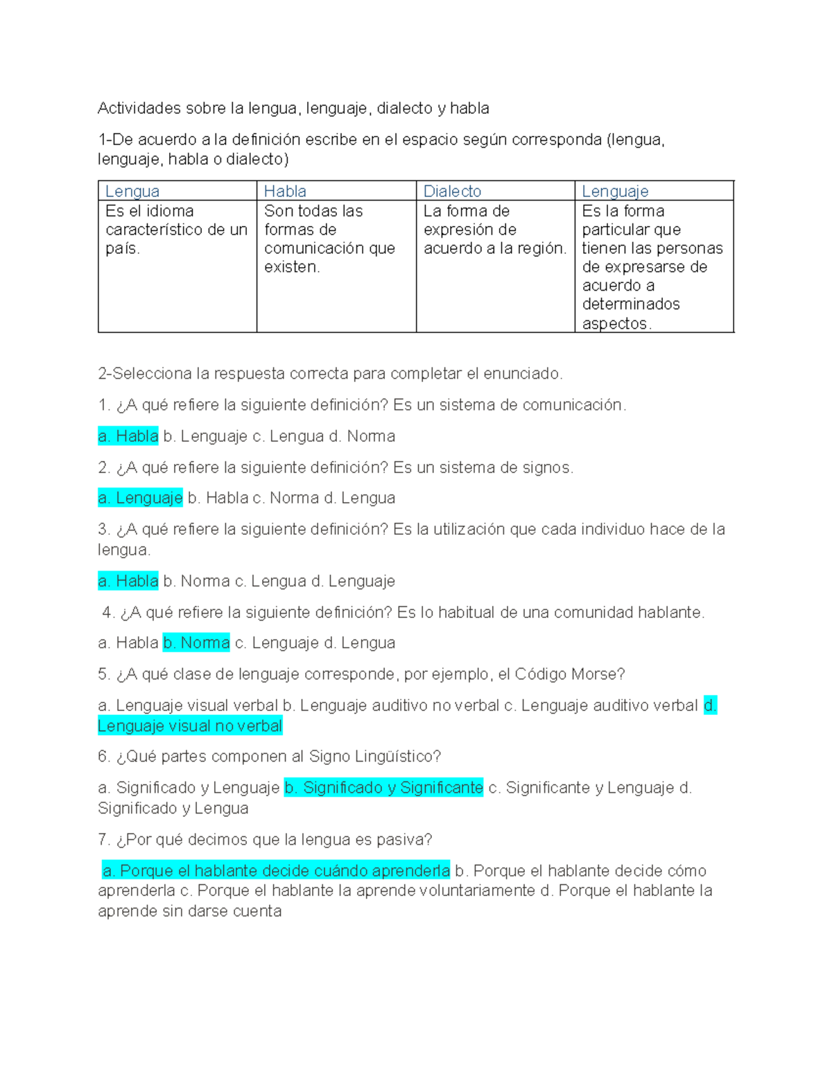 Actividades sobre la lenguaje, lengua y habla actividad II ...