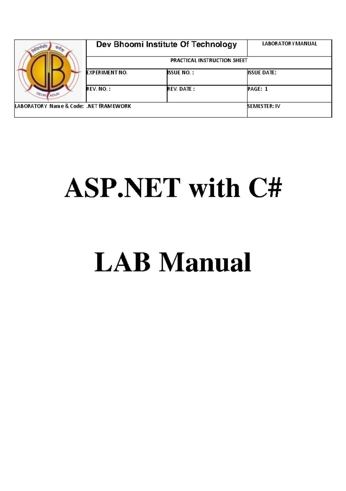 Asp lab practicals - ASP with C# LAB Manual Dev Bhoomi Institute Of Technology LABORATORY MANUAL ...