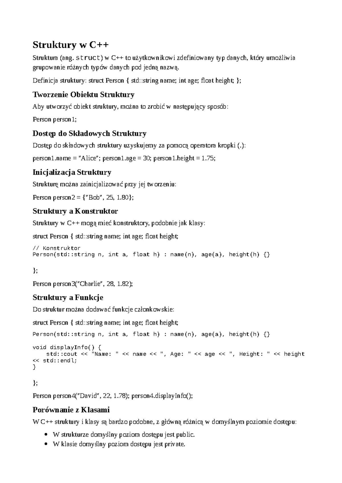 Struktury - struct) w C++ to użytkownikowi zdefiniowany typ danych ...