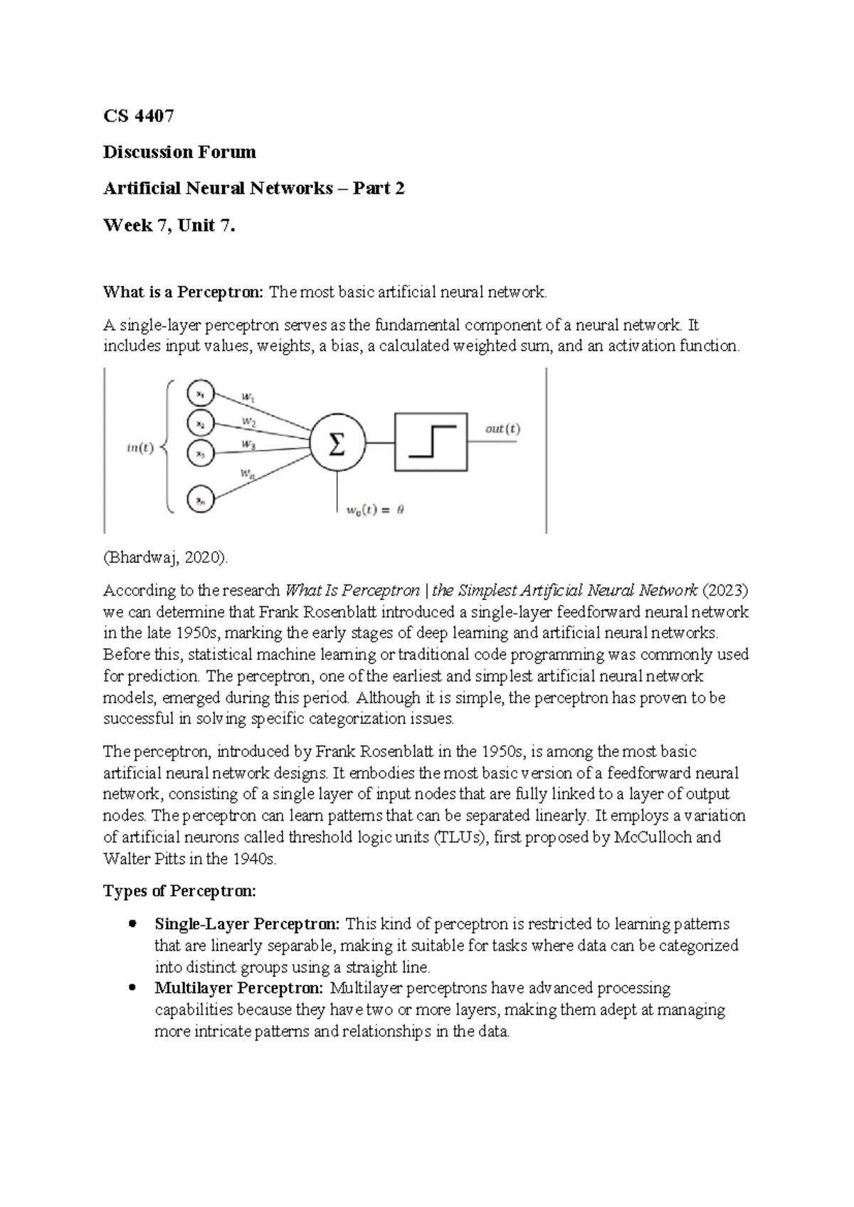 CS 4407 Discussion Forum Unit 7 - CS 4407 Discussion Forum Artificial Neural Networks – Part 2 ...