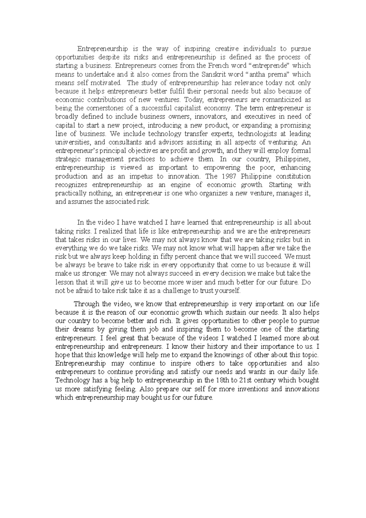 Essay - Entrepreneurship is the way of inspiring creative individuals ...