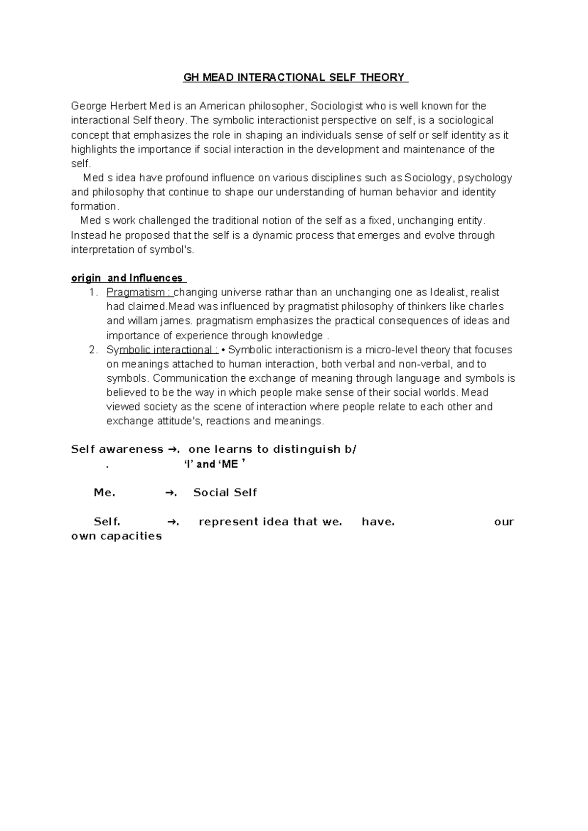 GH Mead - GH MEAD INTERACTIONAL SELF THEORY George Herbert Med is an ...
