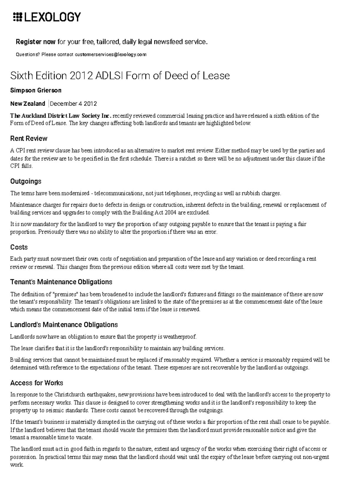 Sixth Edition 2012 Adlsi Form of Deed of Lease - Lexology - Simpson Grierson New Zealand ...