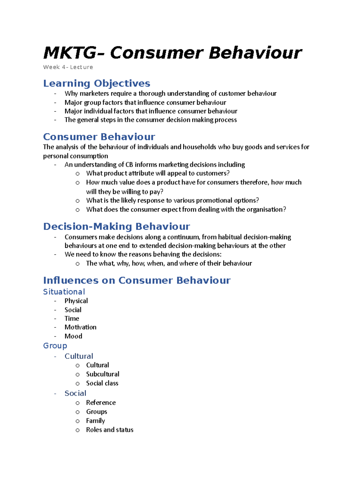 L4 Consumer Behaviour - Lecture notes 4 - MKTG– Consumer Behaviour Week ...
