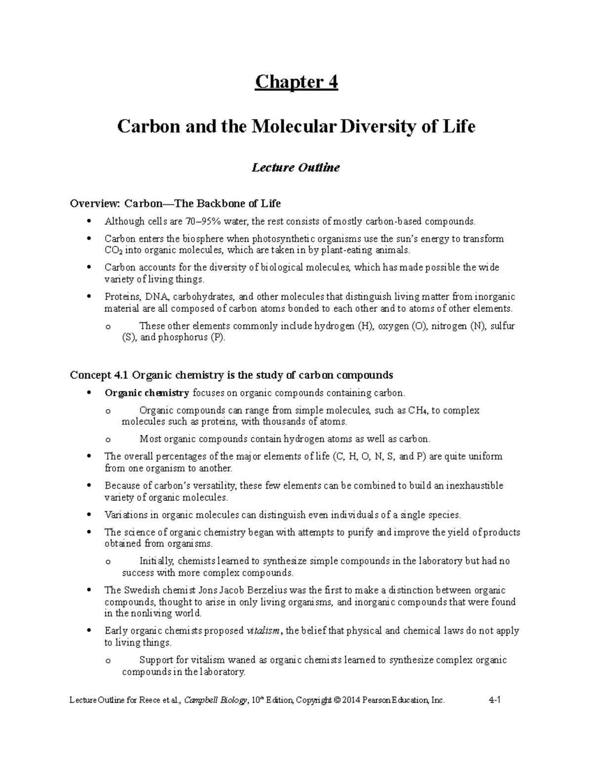 04 Outline Carbon and the Molecular Diversity of Life - Chapter 4 ...