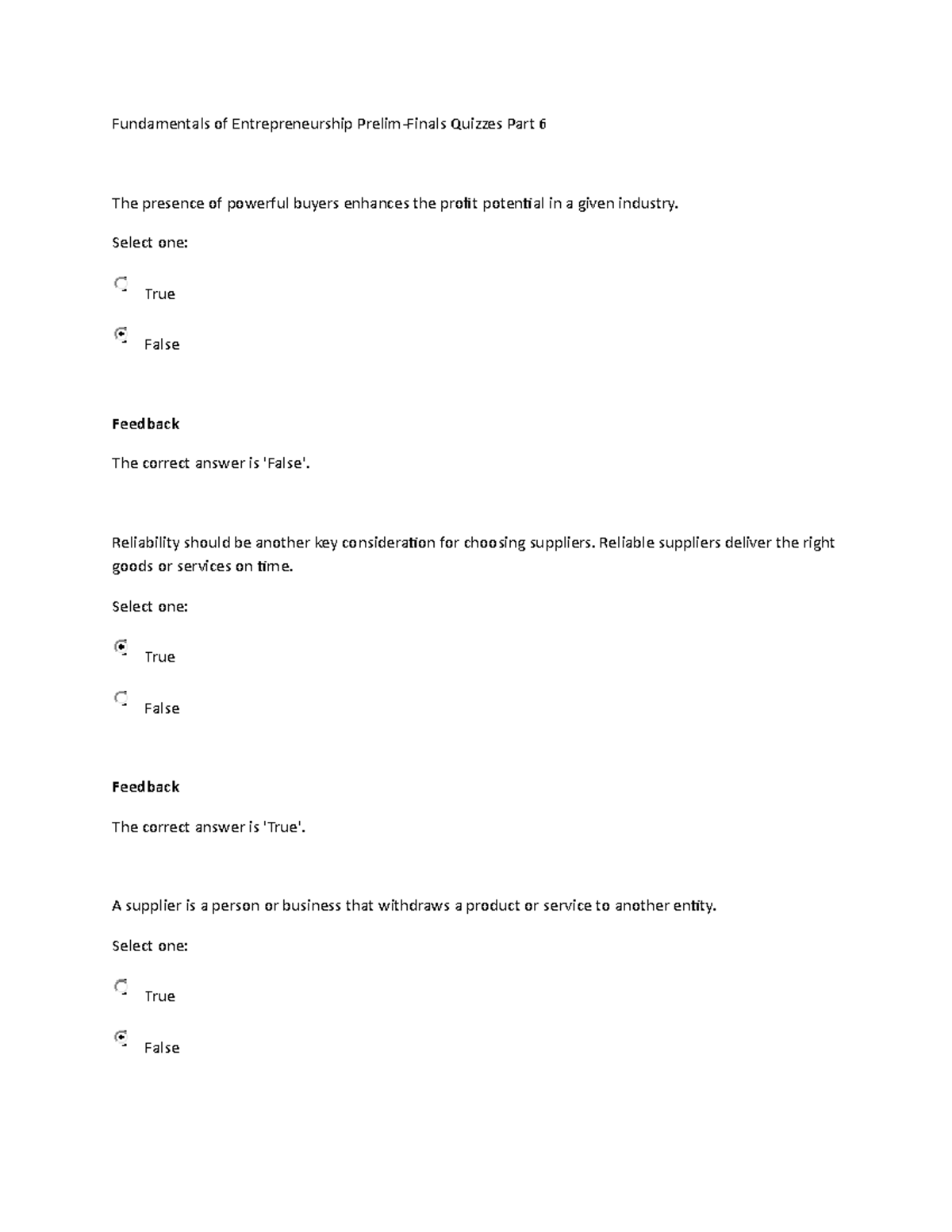Fundamentals of Entrepreneurship Prelim-Finals Quizzes Part 6 - Select ...