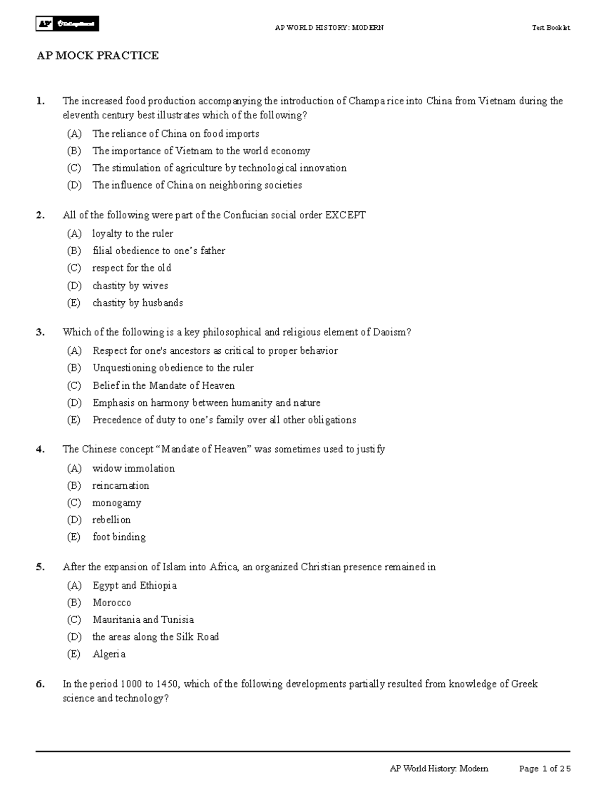 Ap World Mock Practice Questions Unit 1 Unit 5 The Increased Food