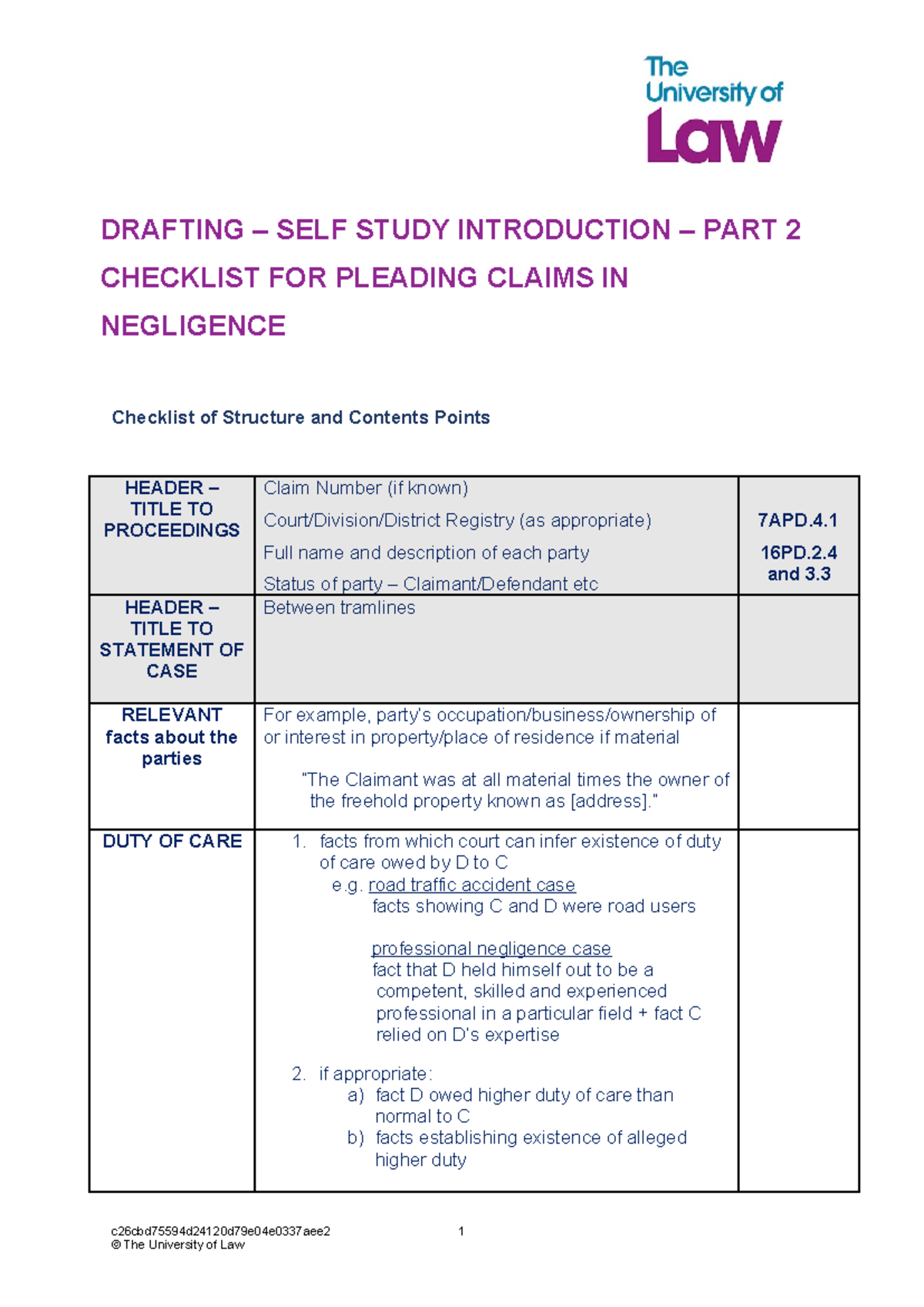 checklist for pleading claims in negligence - DRAFTING – SELF STUDY ...