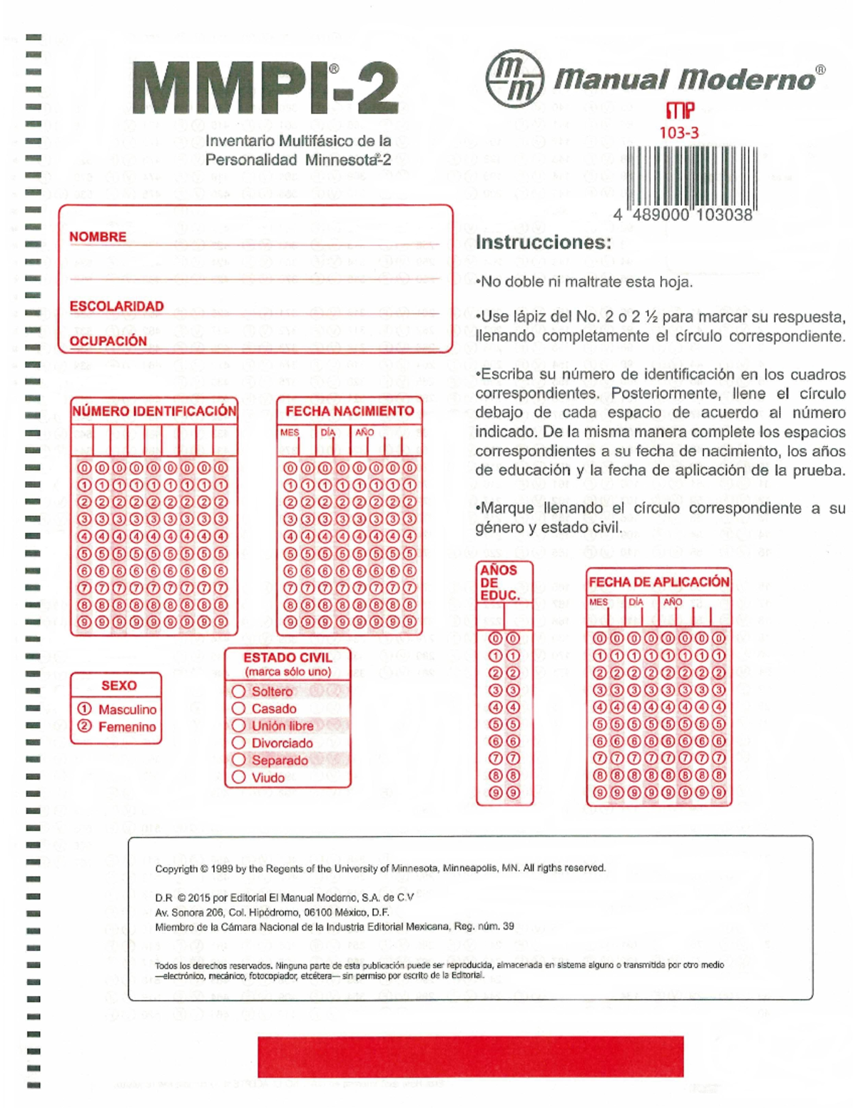 MMPI-2-Hoja R - 2 Manual Moderno MP Inventario Multifásico de la Personalidad 4 103038 NOMBRE ...