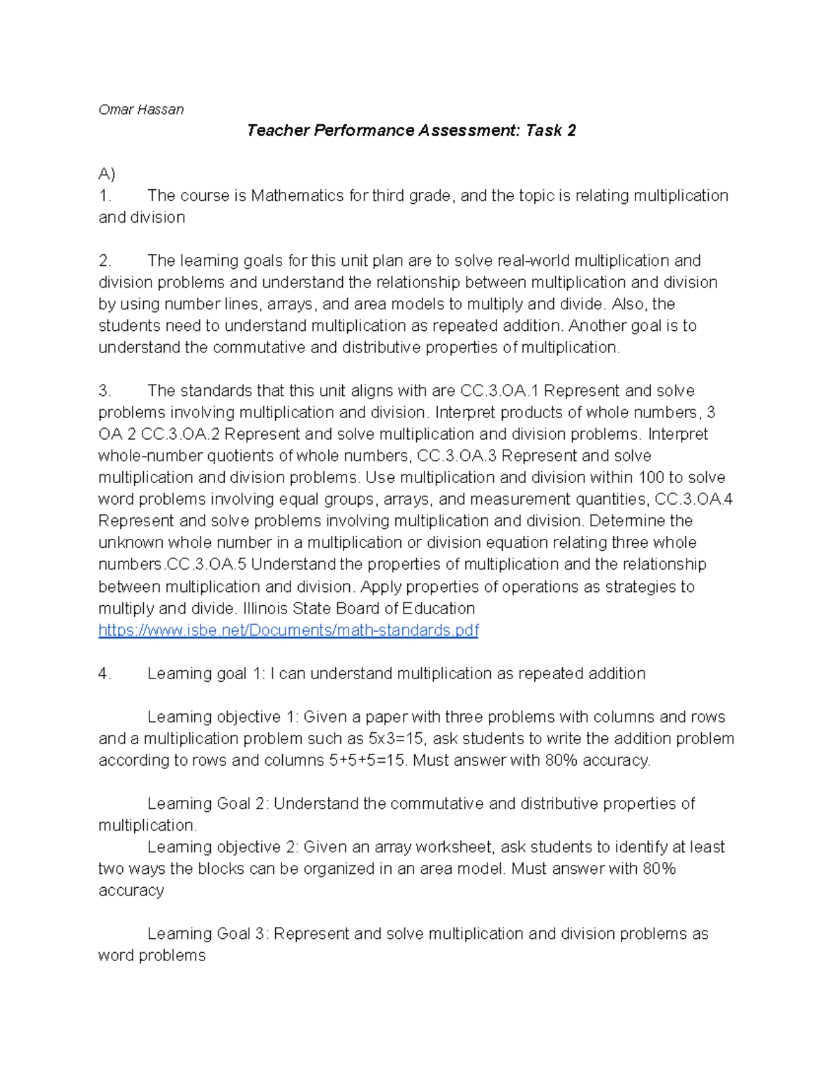 TWS Task 2 - Task 2 - Omar Hassan Teacher Performance Assessment: Task ...
