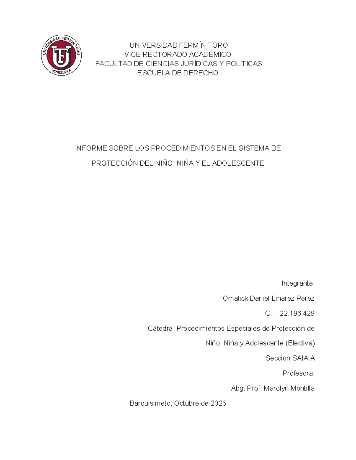 Informe de procedimientos especiales - UNIVERSIDAD FERMÍN TORO VICE ...